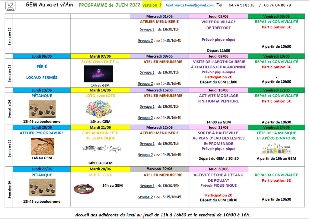 Planning Juin 2022 - Gem Au va et Viain