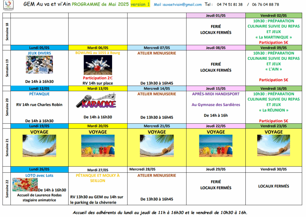 Planning mai 2025 - Gem Au va et Viain