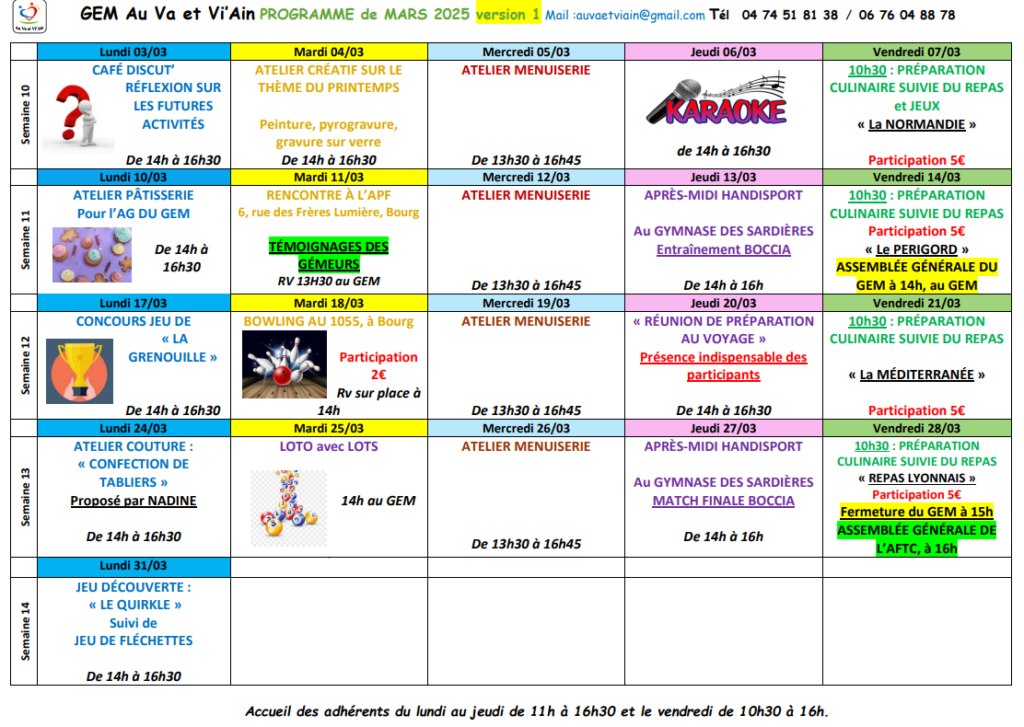 Planning mars 2025 - Gem Au va et Viain