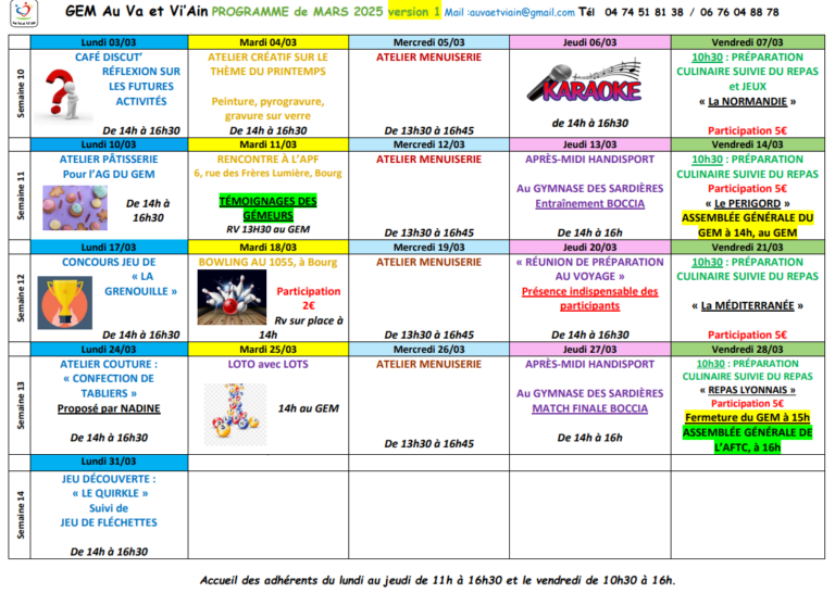 Planning mars 2025 - Gem Au va et Viain